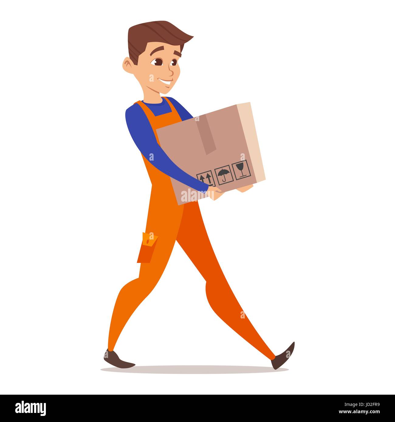 Vector happy cartoon character of home mover worker carrying cardboard ...