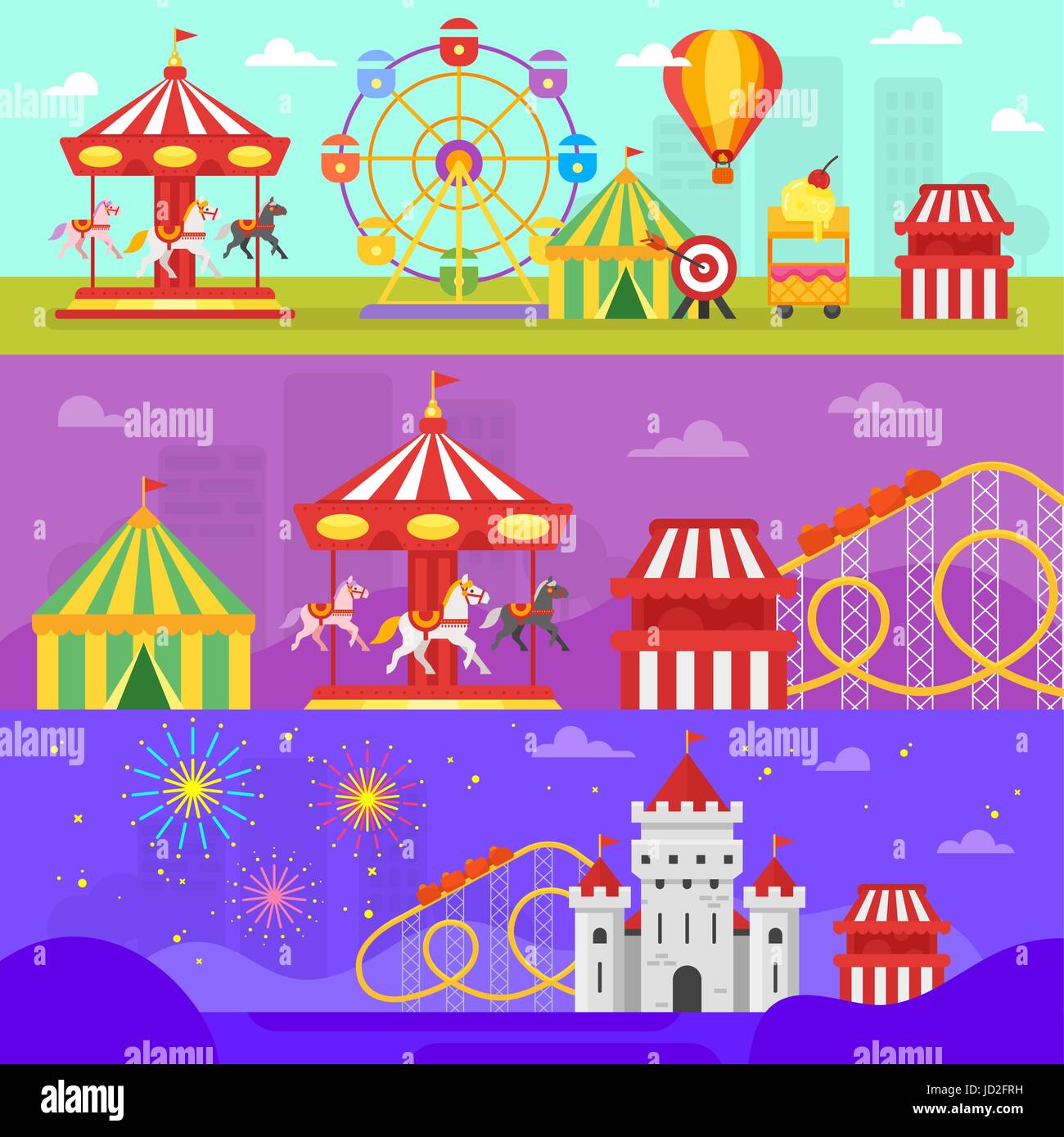 Vector flat style set of amusement park for kids banners template Stock ...