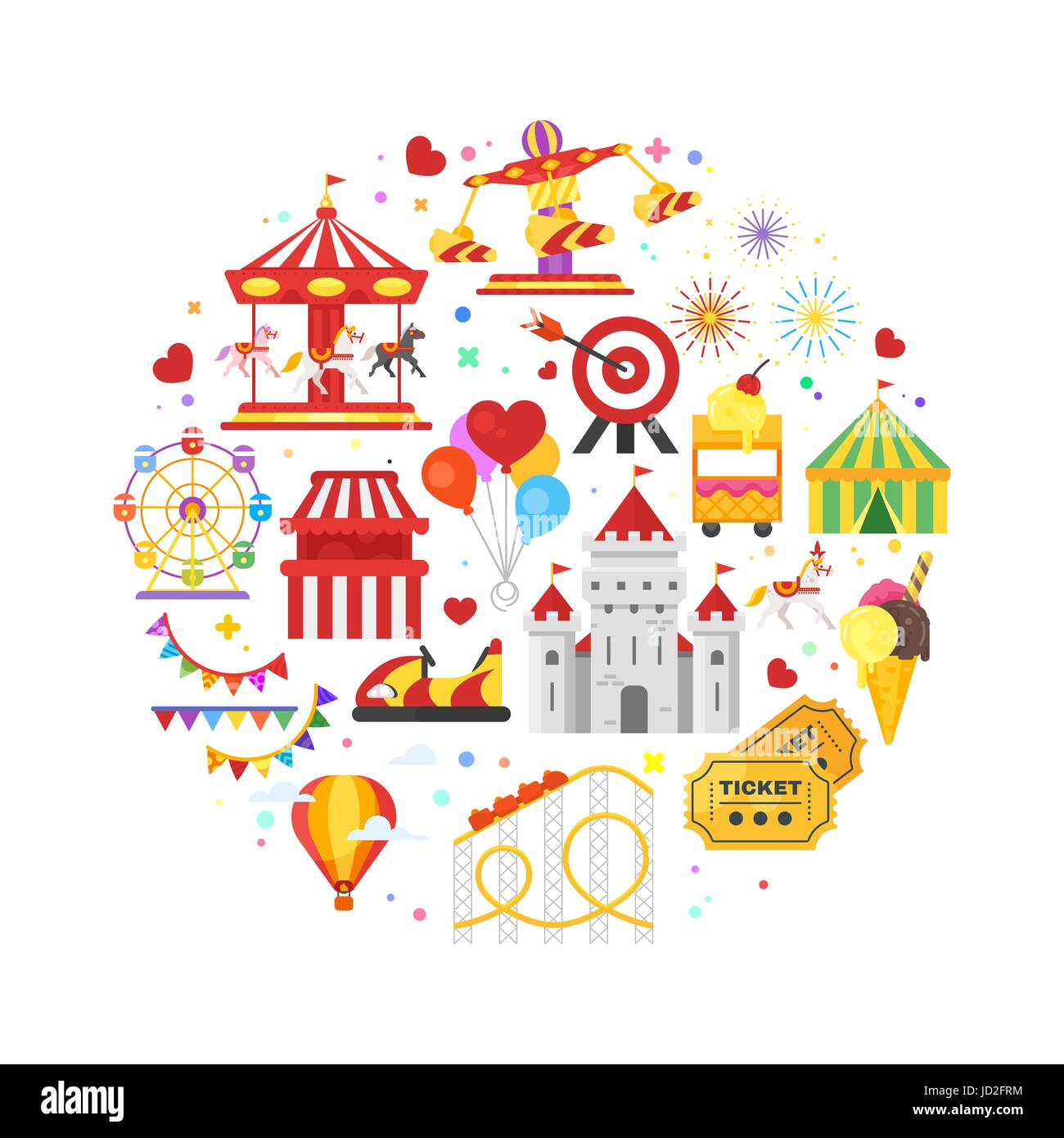 Vector flat style round composition of amusement park symbols. Isolated ... Vector flat style round composition of amusement park symbols. Isolated ...