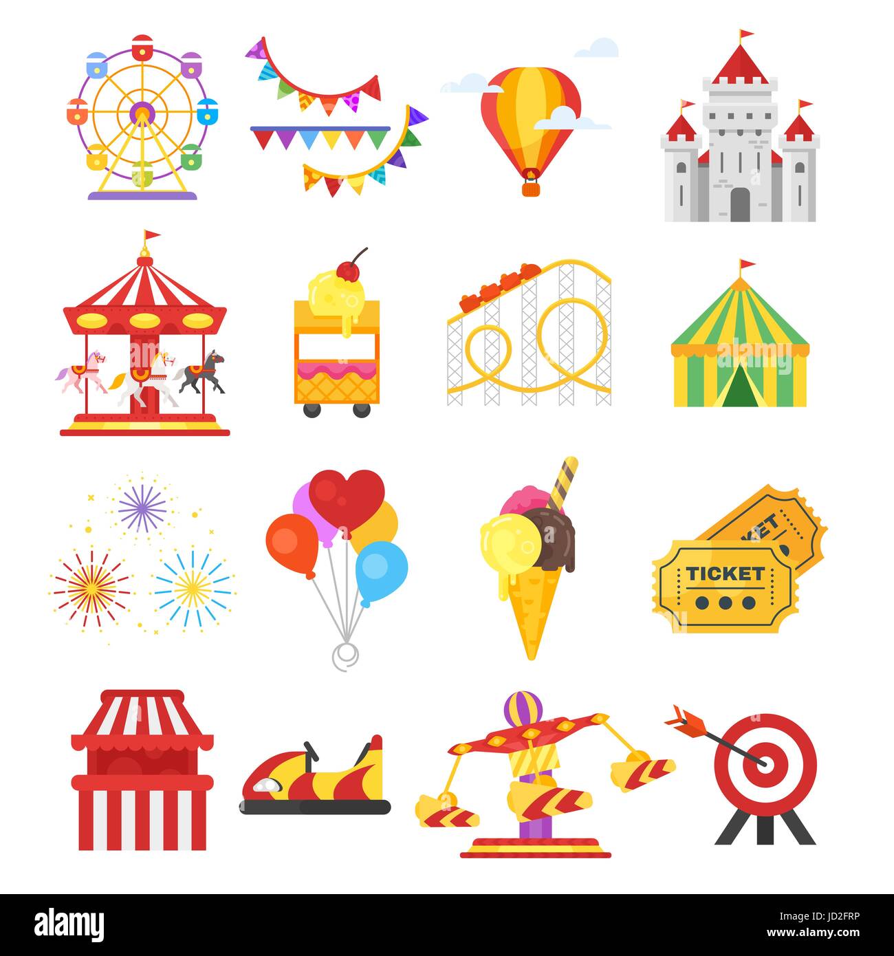 Vector flat style set of amusement park fun icons. Isolated on white ...