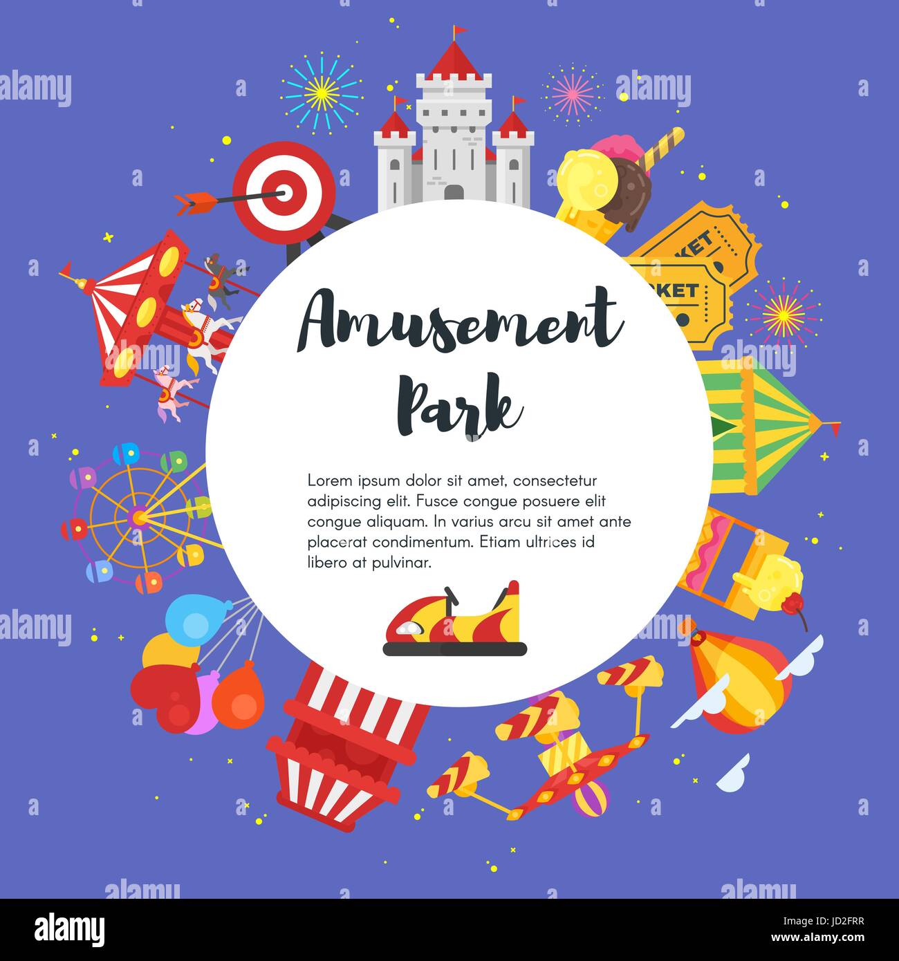 Vector flat style template for flyer or poster design with amusement ...