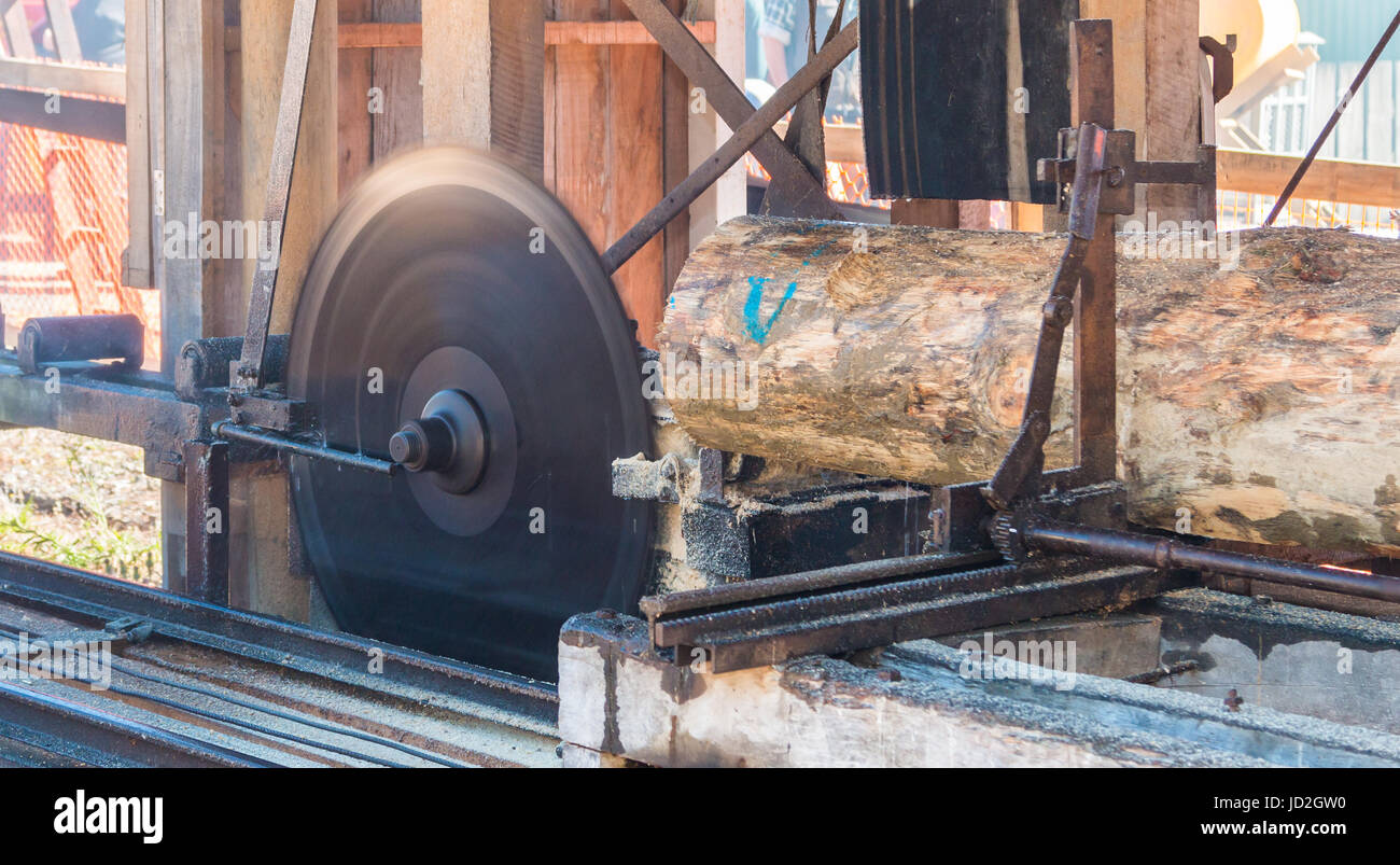 Vintage sawmill cutting through a log of wood Stock Photo - Alamy