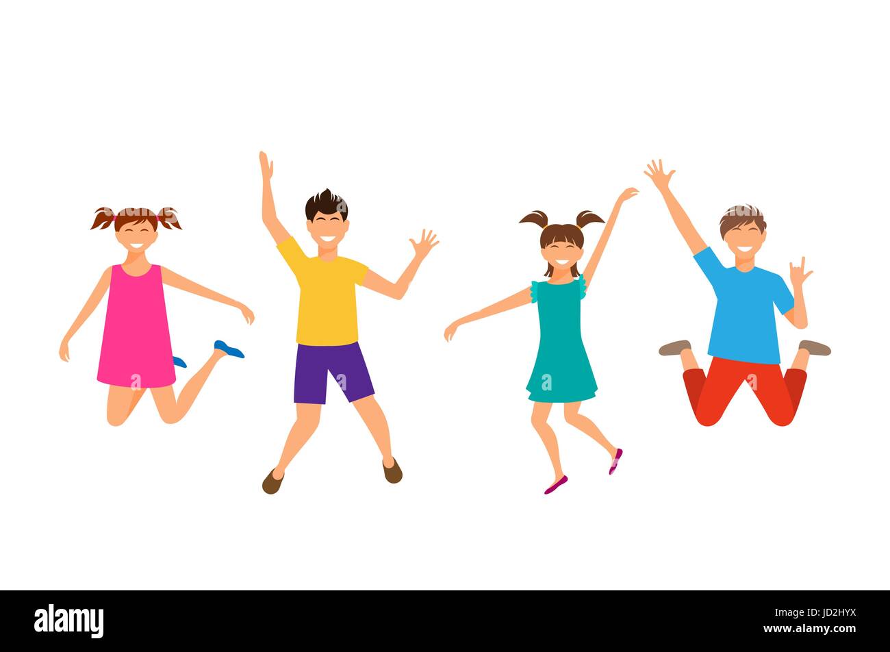 Happy Cartoon Cheerful Young Girls and Boys Jumping. Children Isolated ...