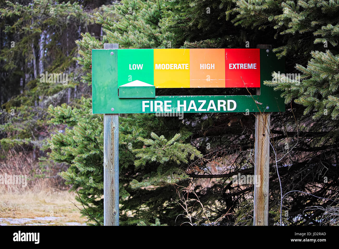 A sign at a campground indicating a low fire risk Stock Photo - Alamy