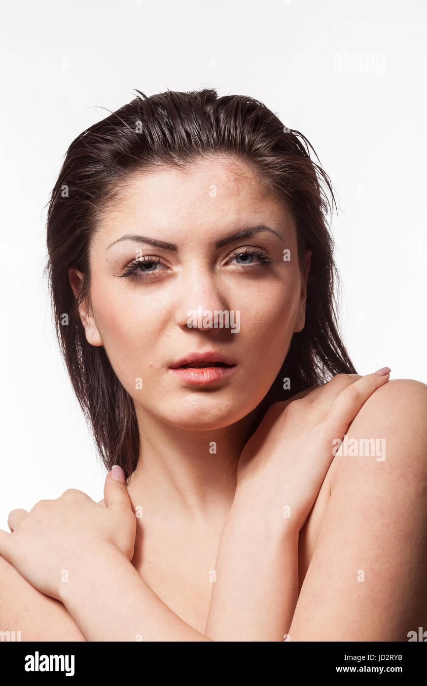 Portrait of beautiful woman in harsh studio light Stock Photo - Alamy