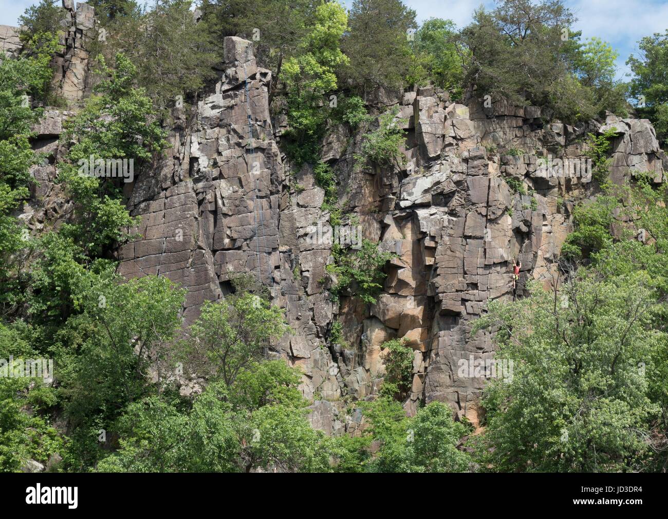 Rock climbers climbing a sheer rock wall along the St. Croix river in ...