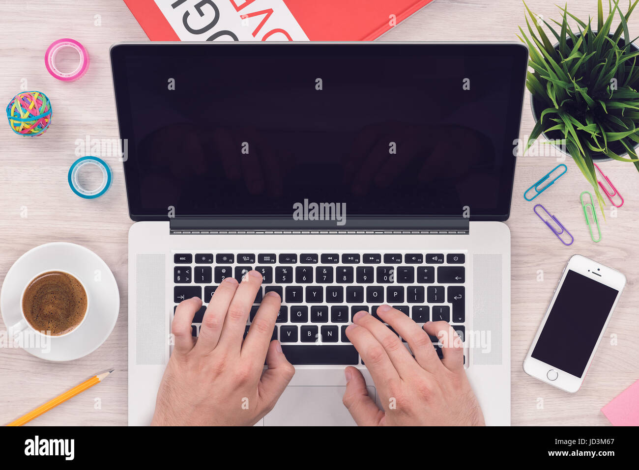 Flat lay top view of workplace with laptop hi-res stock photography and ...