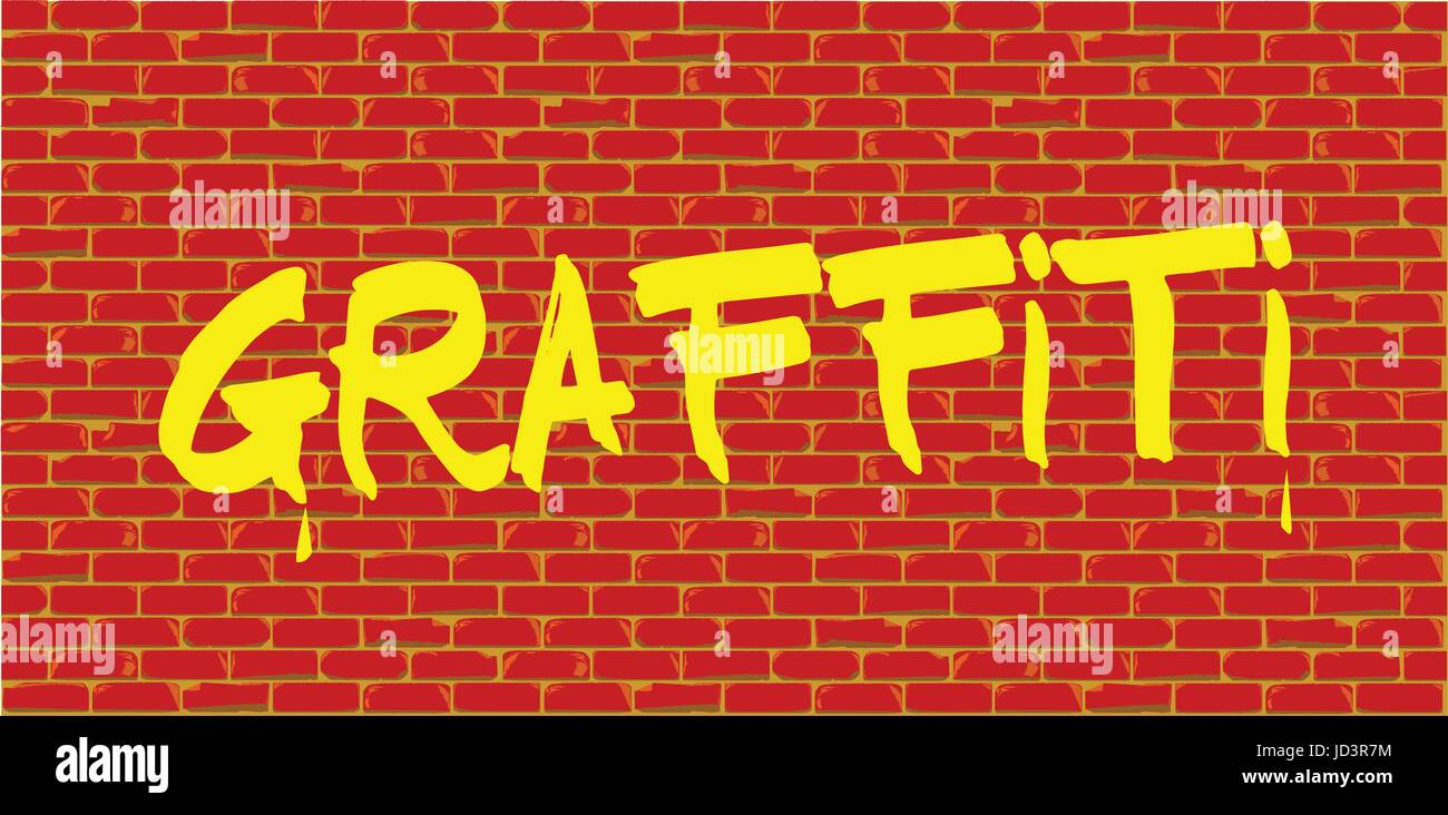 The word graffiti painted onto a red brick wall in yellow paint Stock ...