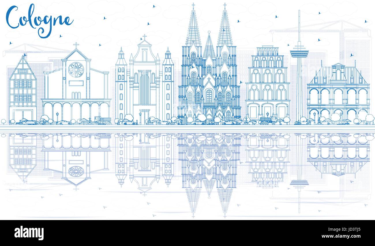 Outline Cologne Skyline with Blue Buildings and Reflections. Vector ...