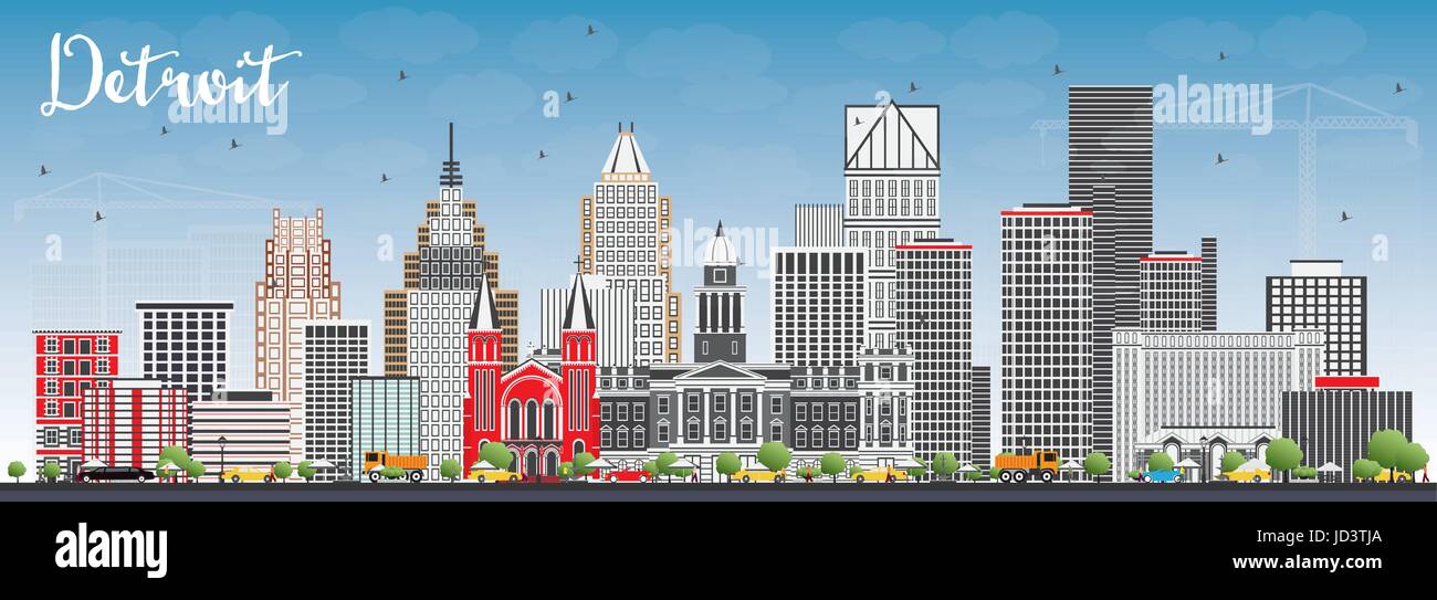 Detroit Skyline with Gray Buildings and Blue Sky. Vector Illustration ...