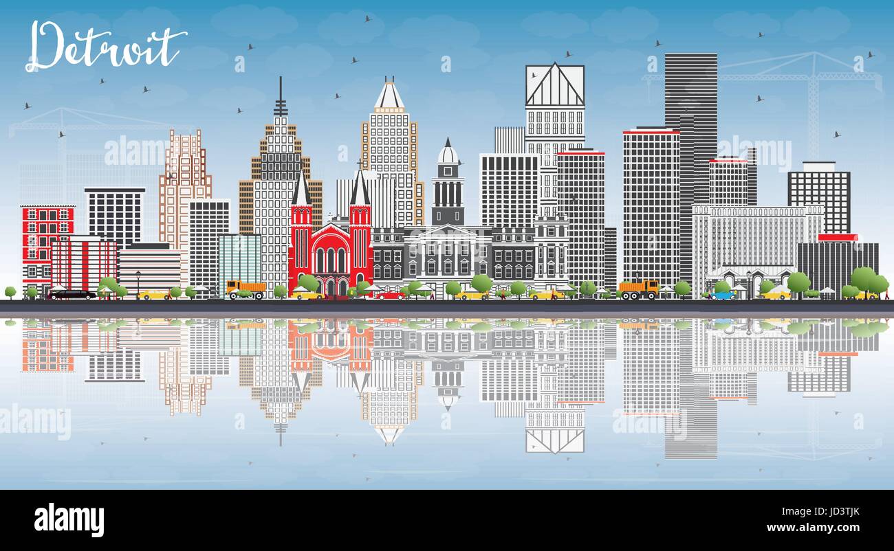 Detroit Skyline with Gray Buildings, Blue Sky and Reflections. Vector ...