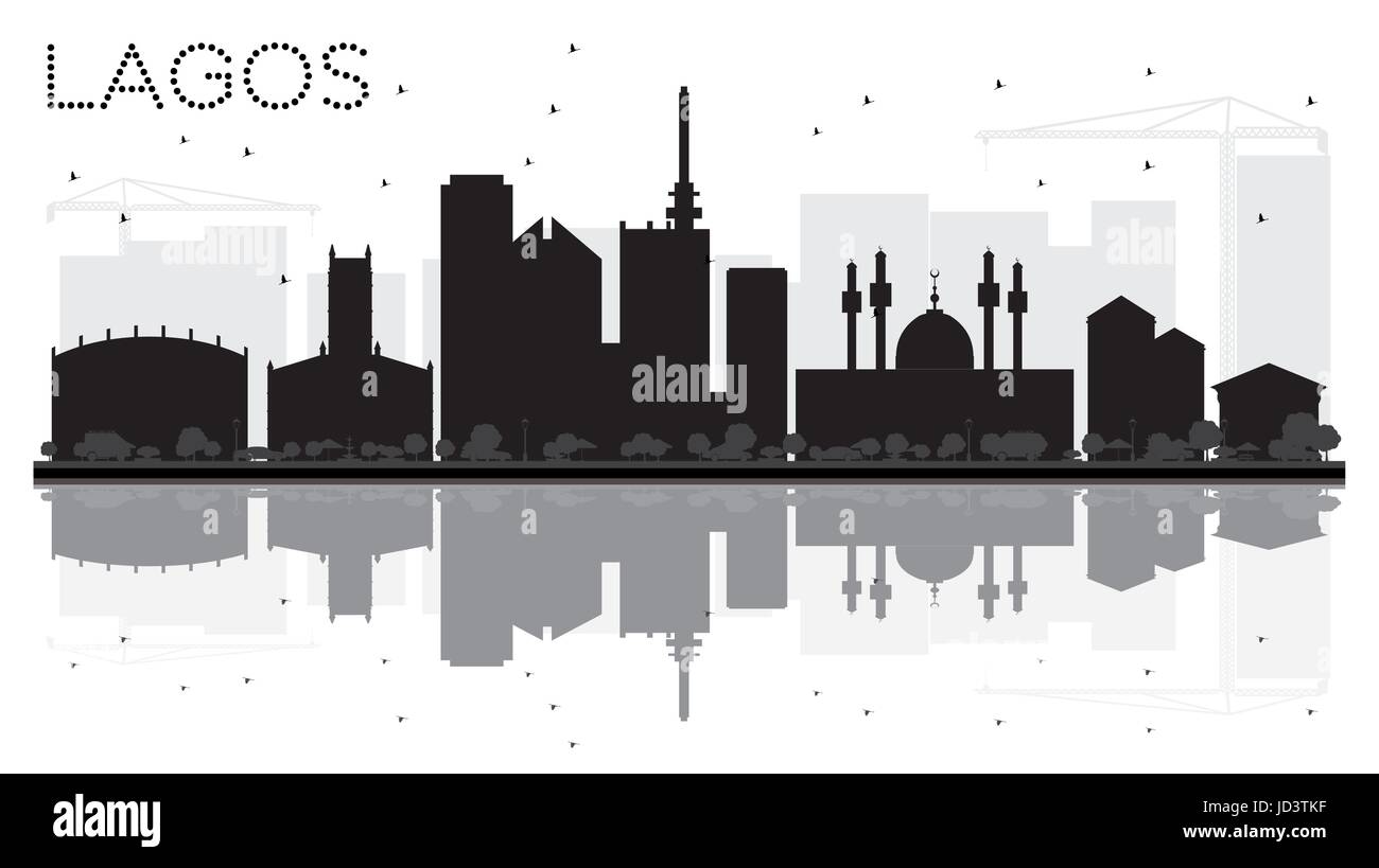 Lagos City skyline black and white silhouette with reflections. Vector ...