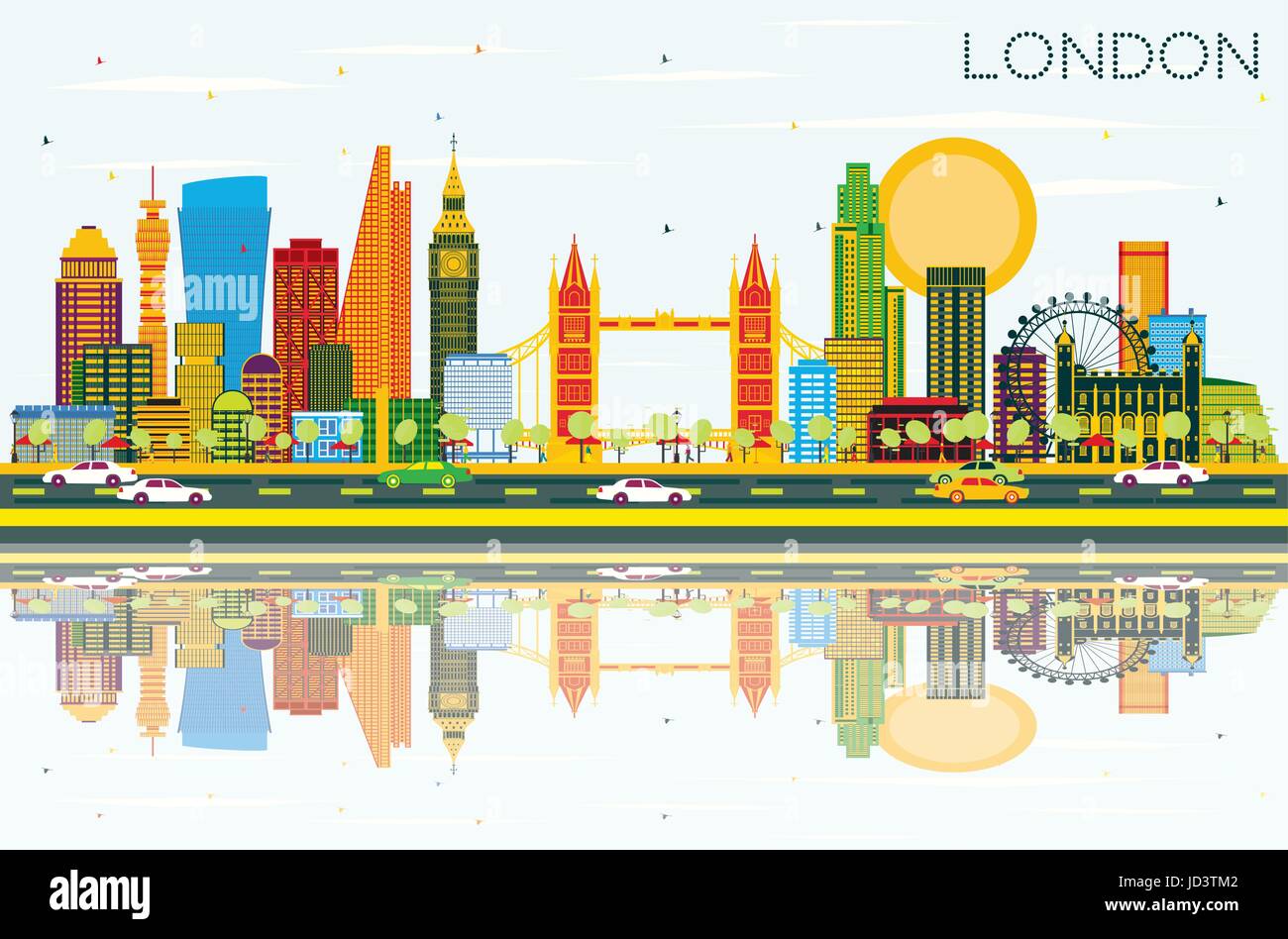 London Skyline with Color Buildings, Blue Sky and Reflections. Vector ...