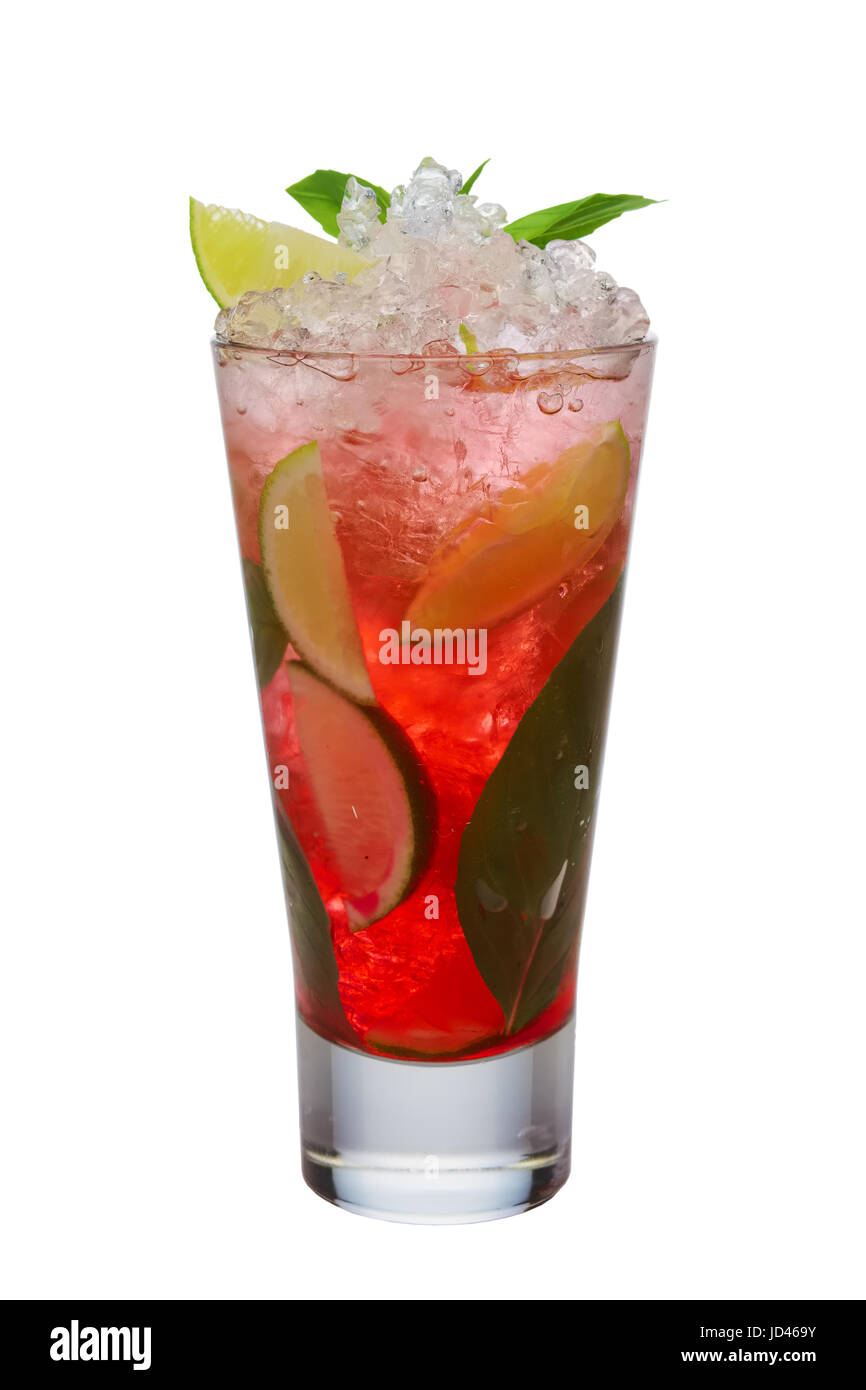 Black currant ice cocktail with lime and mint isolated on white ...