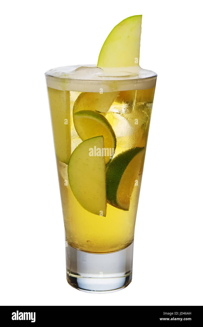 Apple cocktail with beer, lime and ice cubes in highball glass isolated on white Stock Photo - Alamy
