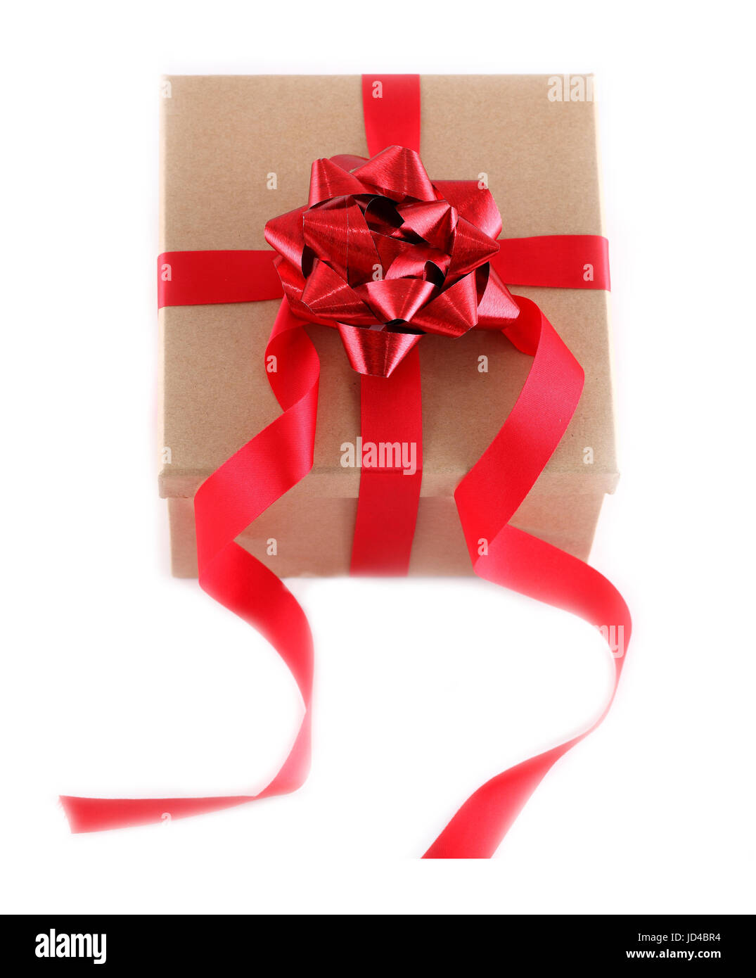Brown paper gift box with red ribbon bow, isolated on white Stock Photo ...