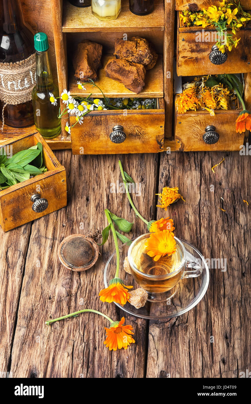Herbal tea with decoction of marigold flowers Stock Photo - Alamy