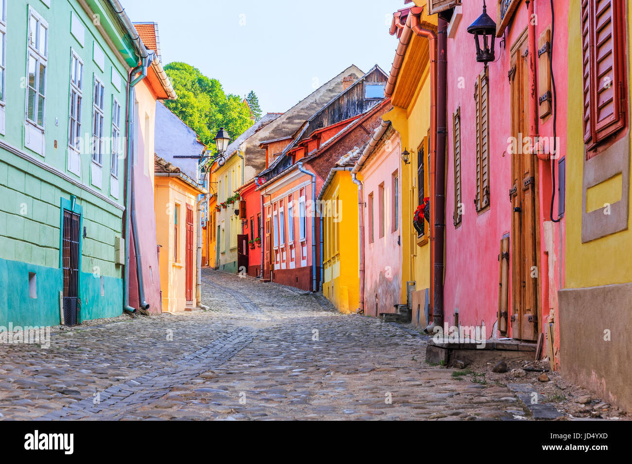 Sighisoara, Romania. Medieval street with houses in Transylvania Stock ...
