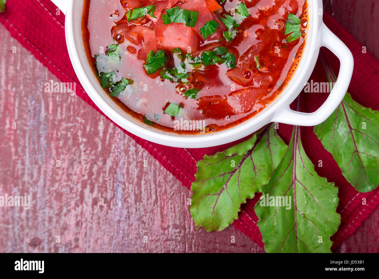 Ukrainian traditional borsch. Russian vegetarian red soup in white bowl ...