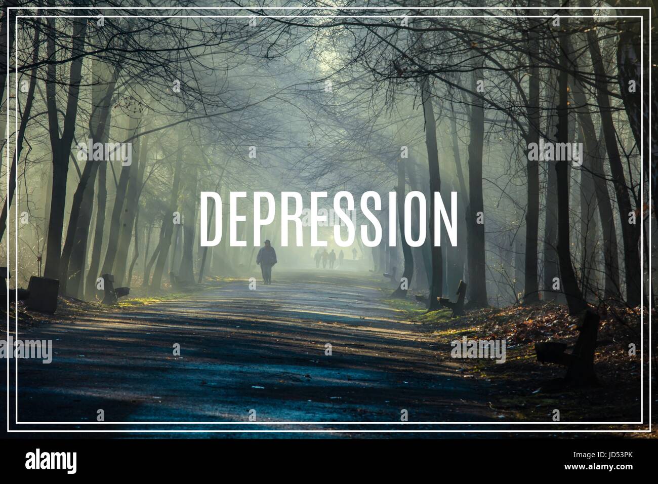 Word Depression. Road and sunbeams in strong fog in the forest Stock ...