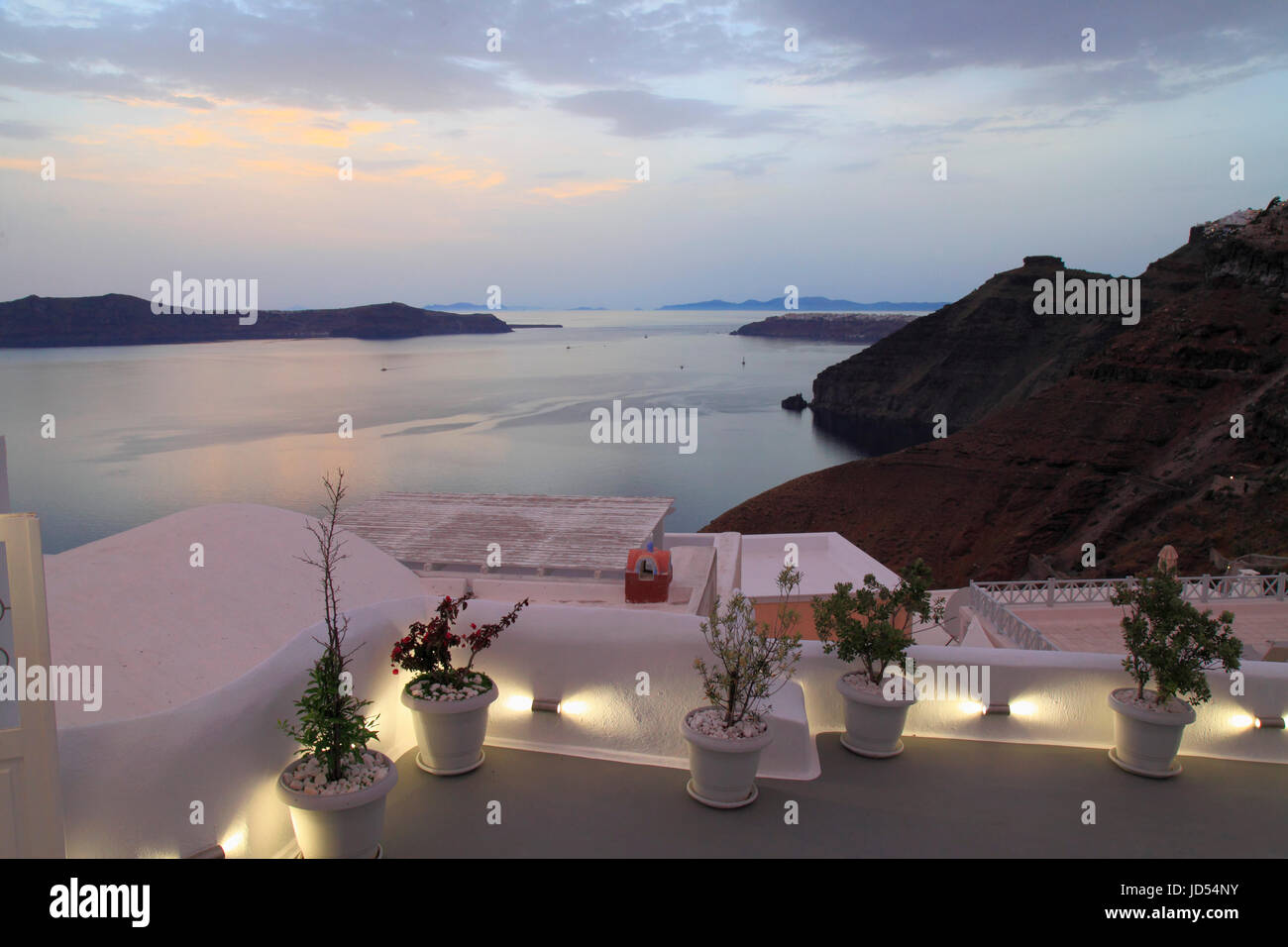 Greece, Cyclades, Santorini, balcony, sunset Stock Photo - Alamy