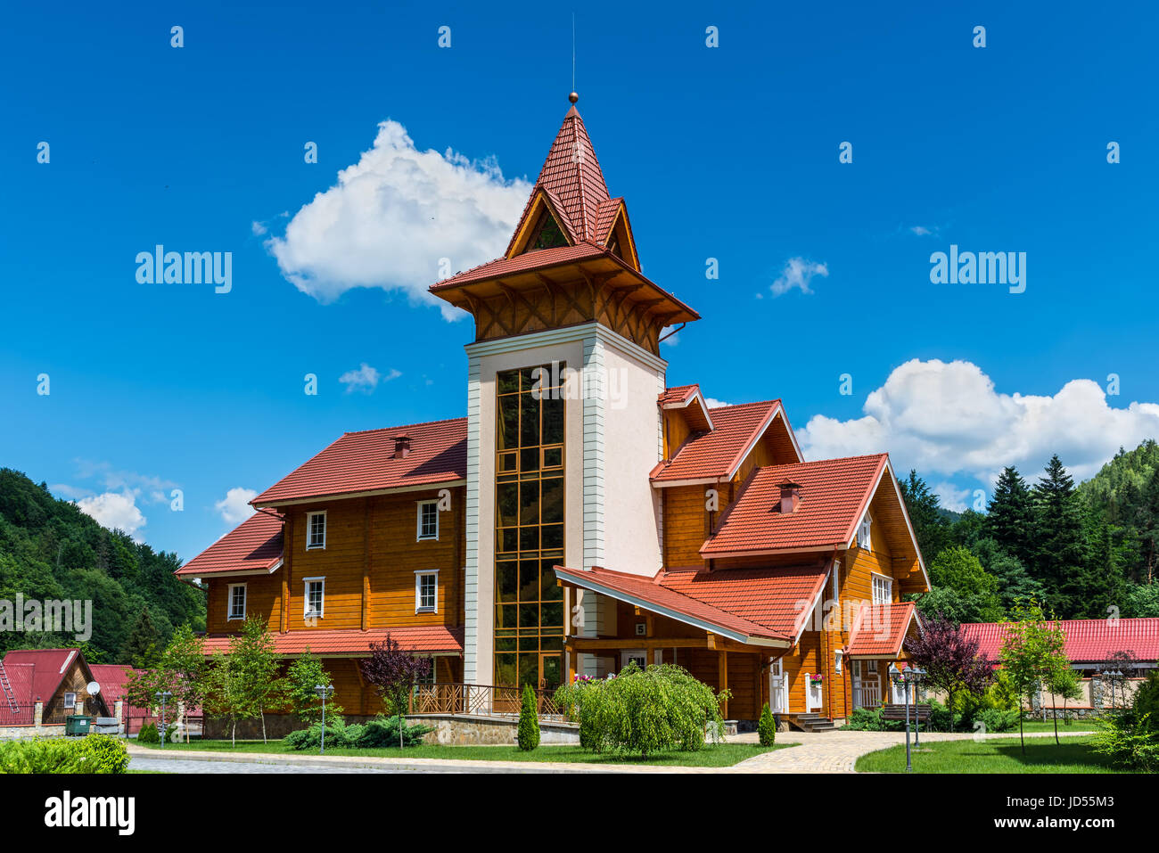Yaremche, Ukraine - June 15, 2017: The hotel "Carpathian Zori" in the ...