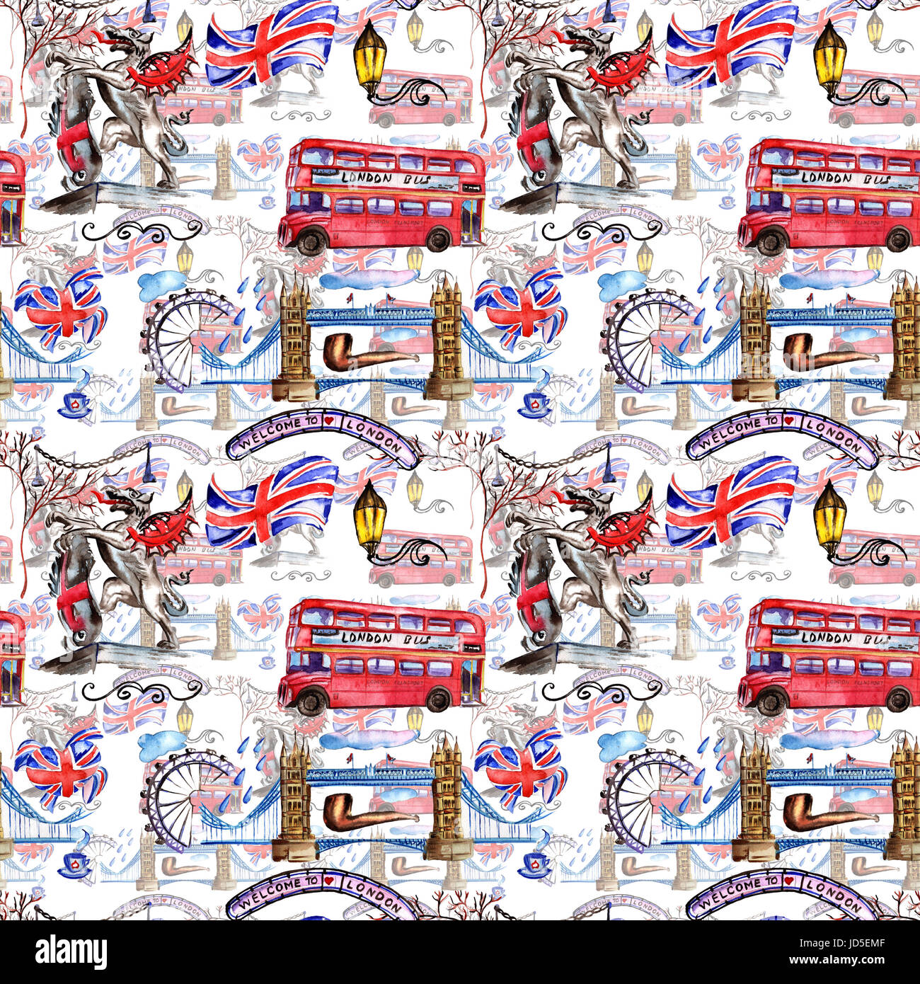 Watercolor London pattern illustration. Great Britain hand drawn ...