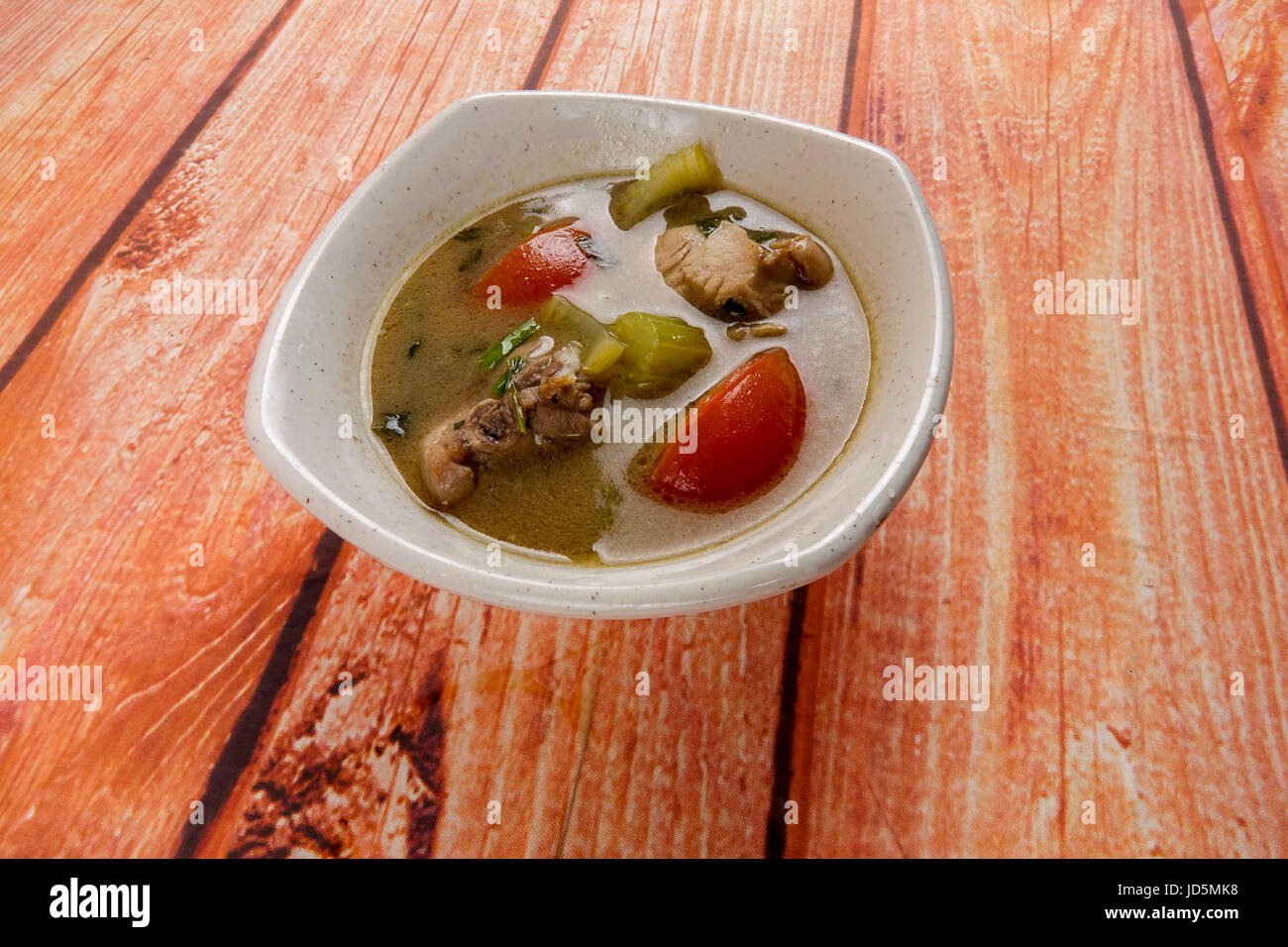 Chicken soup on wooden table. Top View Stock Photo - Alamy