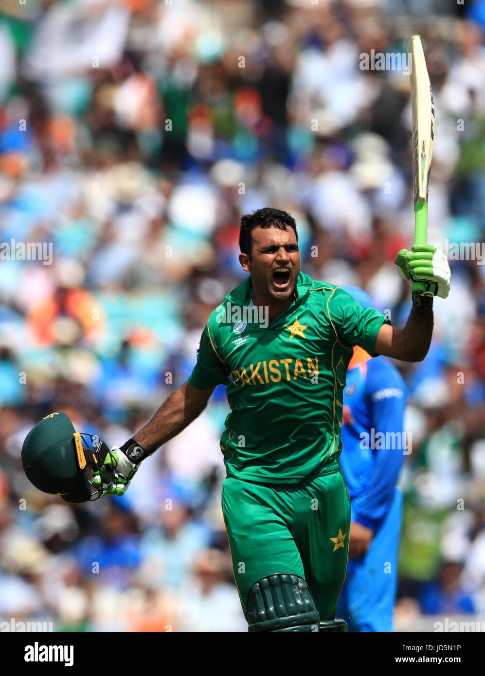 Pakistan's Fakhar Zaman celebrates reaching his century during the ICC ...