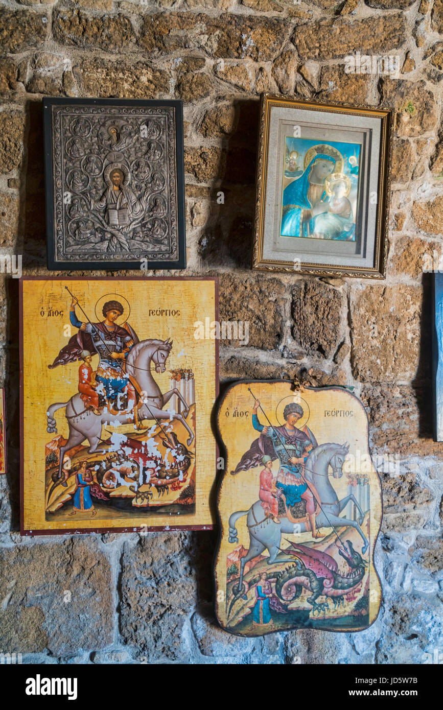 Agios Georgios old church, interior, icons, Cape Drepano, Cyprus Stock ...