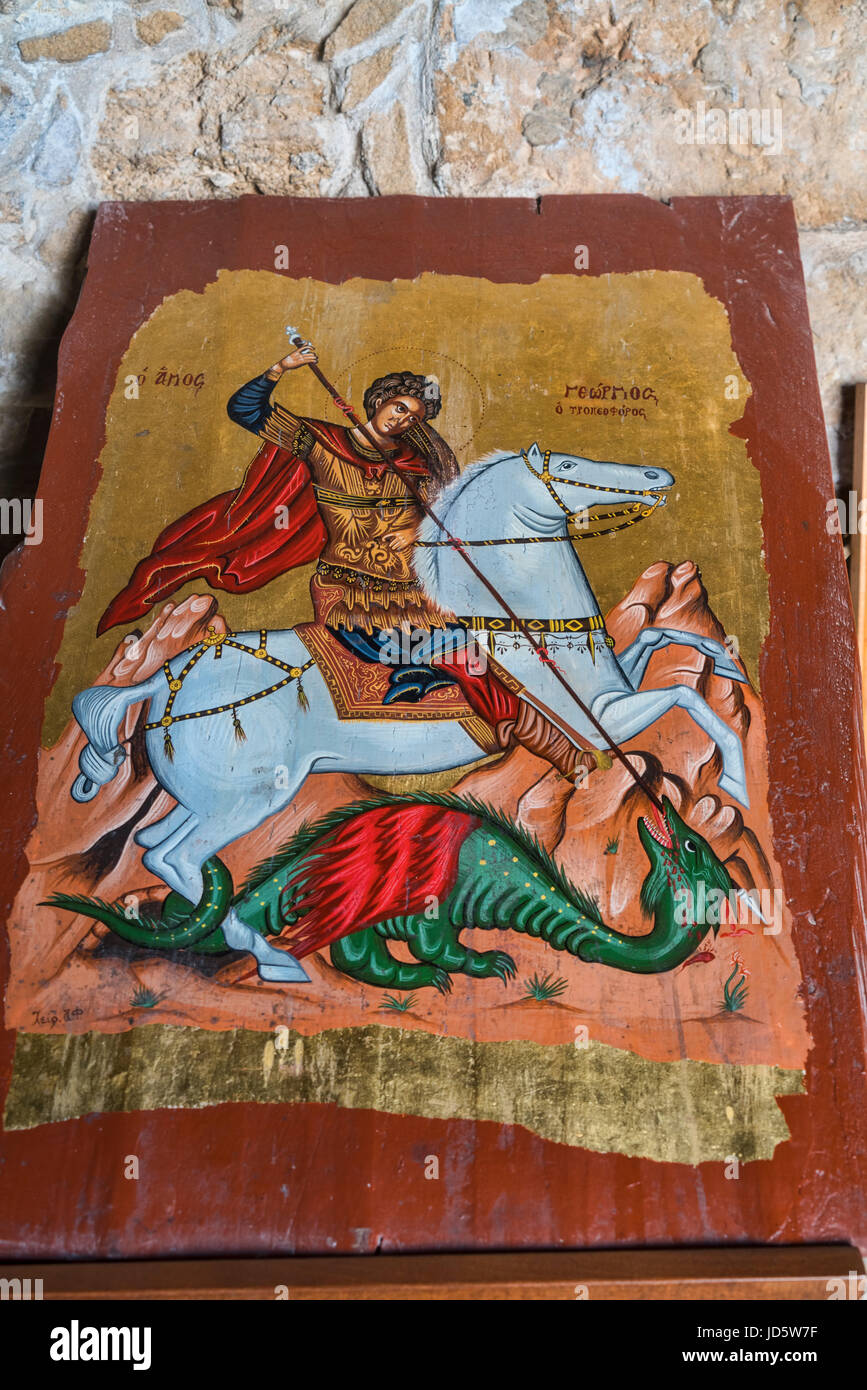 Agios Georgios old church, interior, icons, Cape Drepano, Cyprus Stock ...