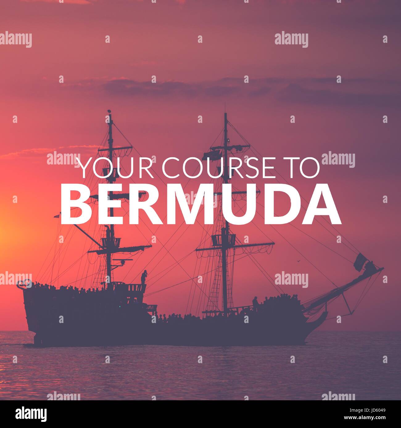Your Course to Bermuda. Pirate Boat on the sea at sunset. Red sky Stock ...