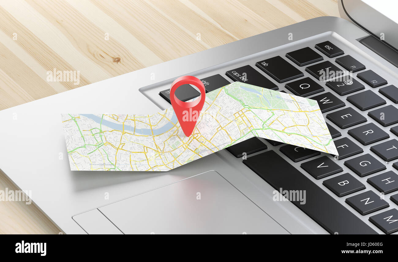 Map with geographic pin on computer Stock Photo - Alamy