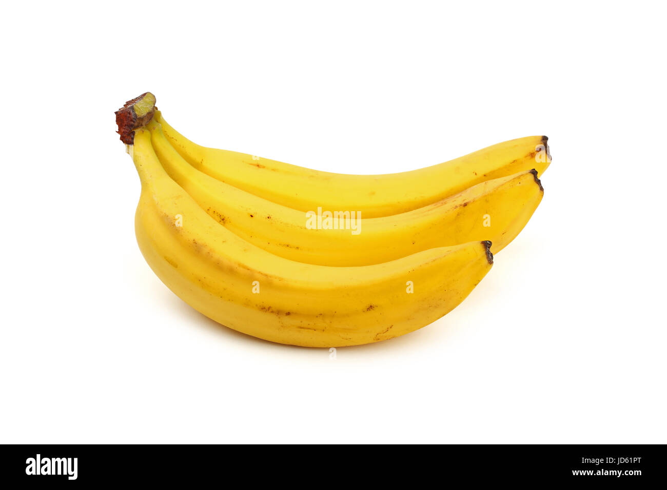 Bunch of three fresh yellow bananas isolated on white background, close ...