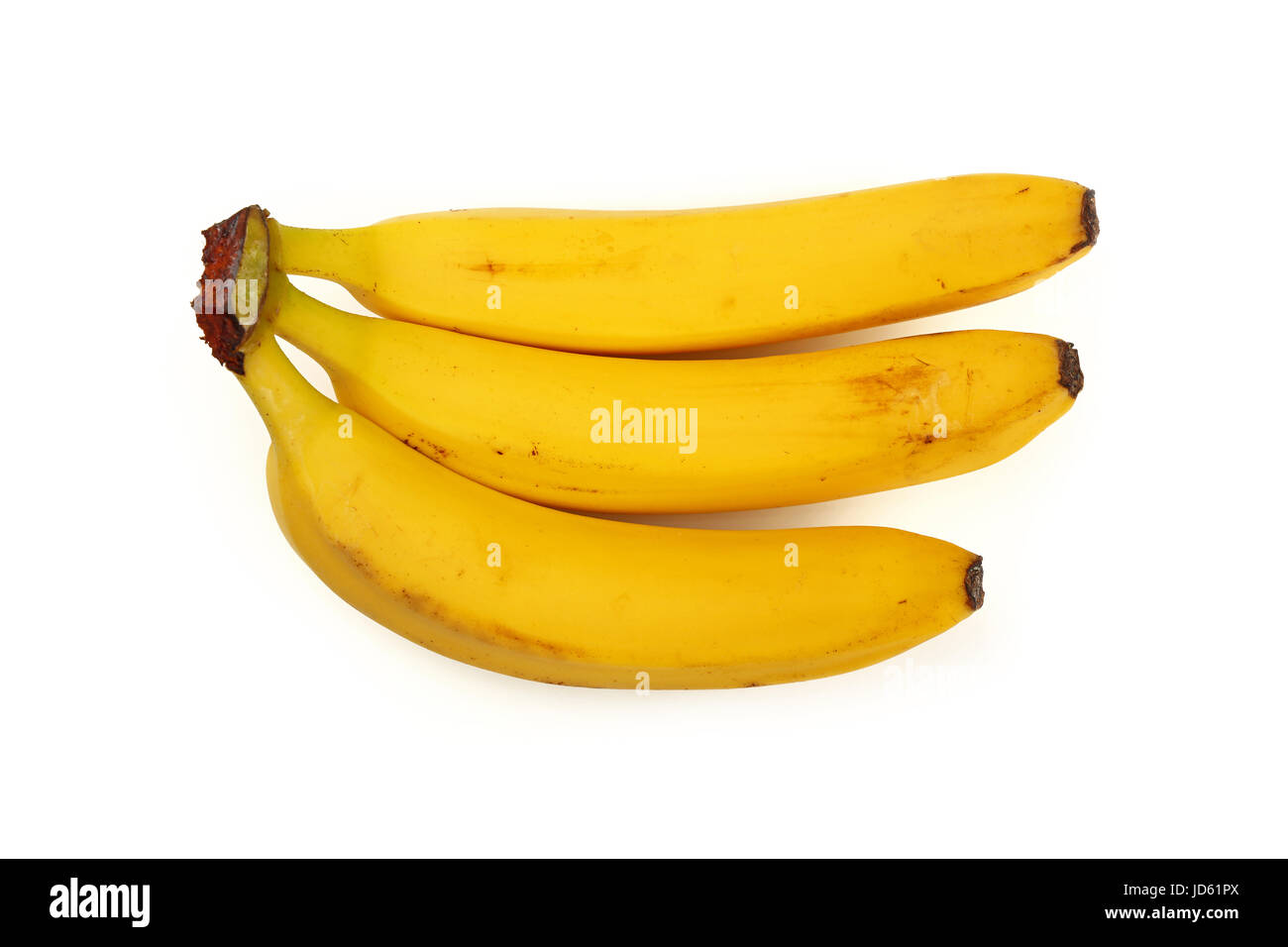 Bunch of three fresh yellow bananas isolated on white background, close ...