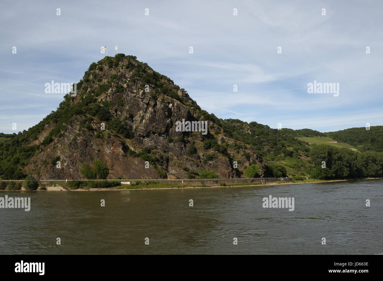 Loreley rock stands along the Rhine River in the Middle Rhine Valley. A ...