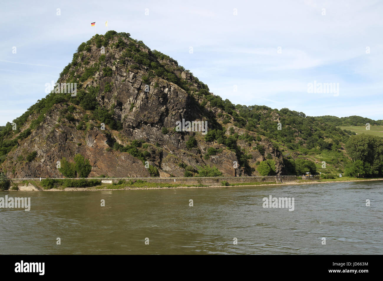 Loreley rock stands along the Rhine River in the Middle Rhine Valley. A ...