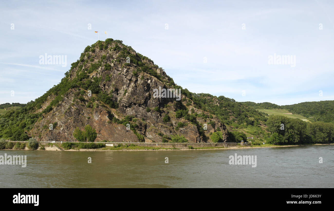 Loreley rock stands along the Rhine River in the Middle Rhine Valley. A ...