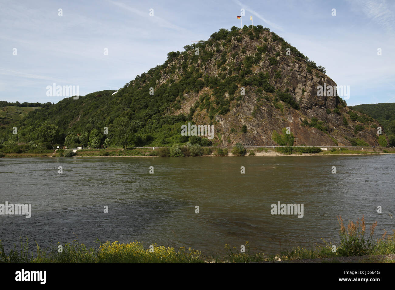 Loreley rock stands along the Rhine River in the Middle Rhine Valley. A ...