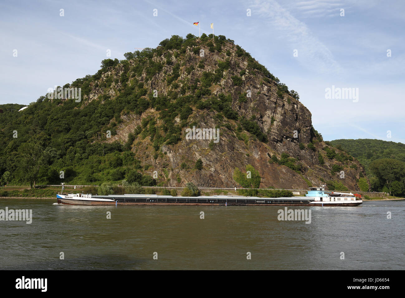 Loreley rock stands along the Rhine River in the Middle Rhine Valley. A ...