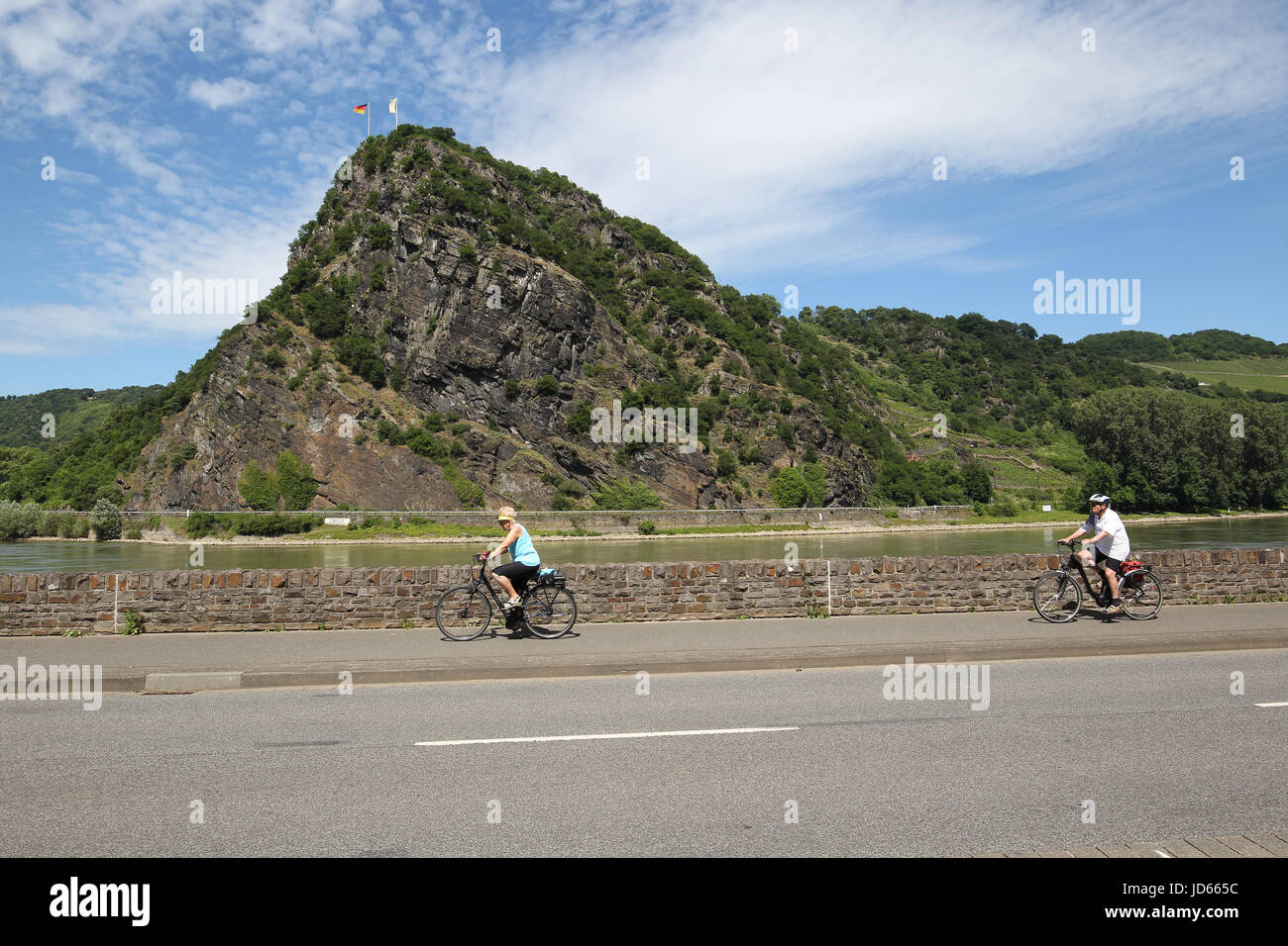Loreley rock stands along the Rhine River in the Middle Rhine Valley. A ...