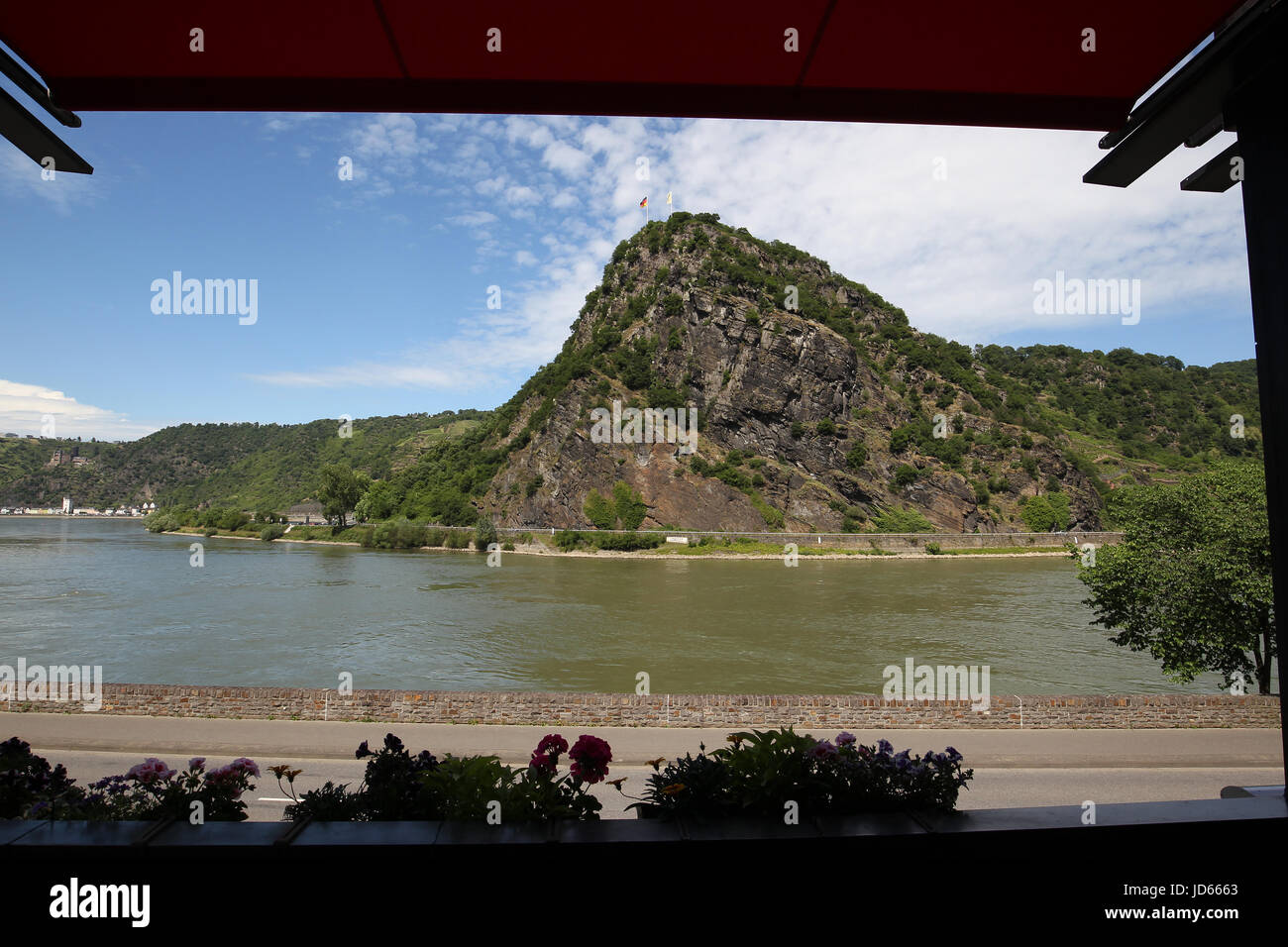 Loreley rock stands along the Rhine River in the Middle Rhine Valley. A ...