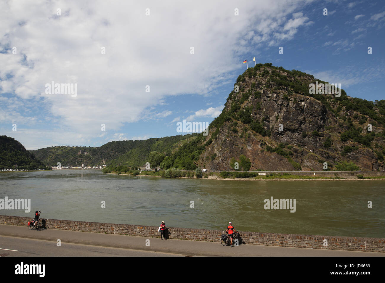 Loreley rock stands along the Rhine River in the Middle Rhine Valley. A ...