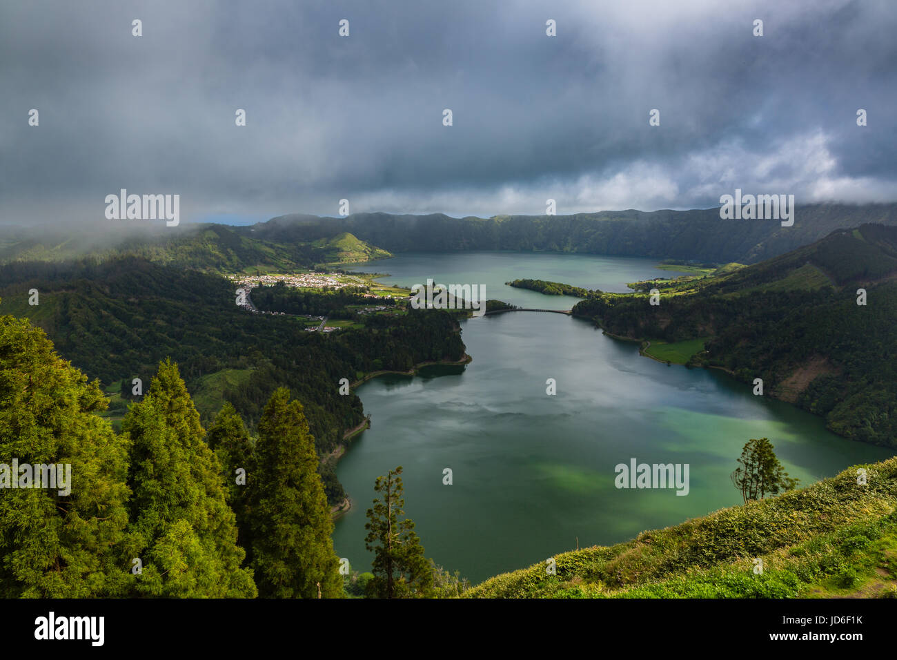 Blue and green lake in the volcano craters of the island of Sao Miguel ...