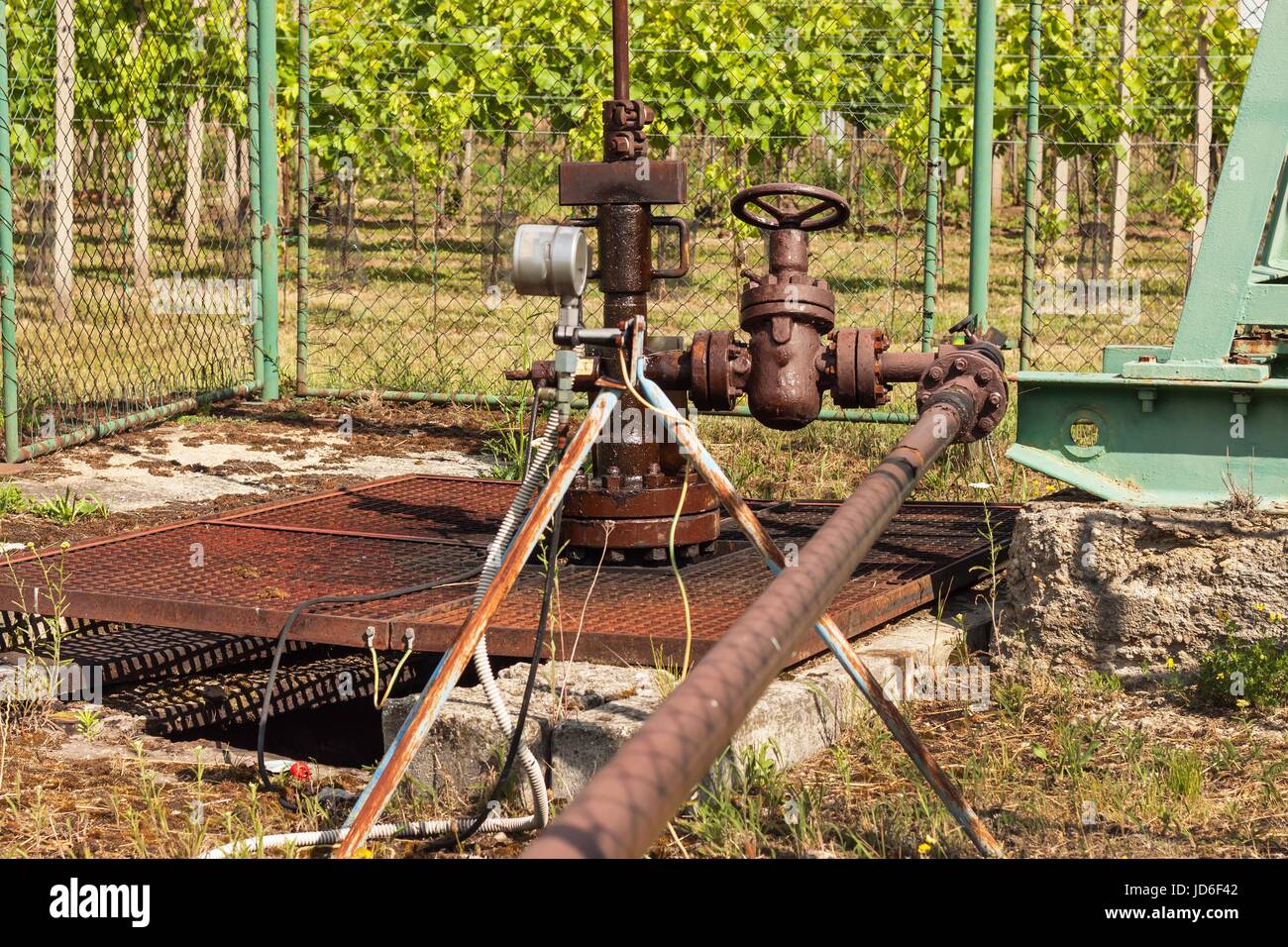 Extraction of good quality oil. Oil well pumpjack on vineyard in Czech ...