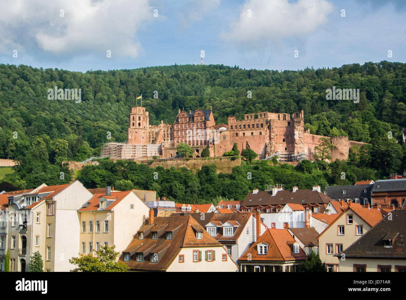 Panoramic view of Heidelberg castle over the tile roofs of old town ...