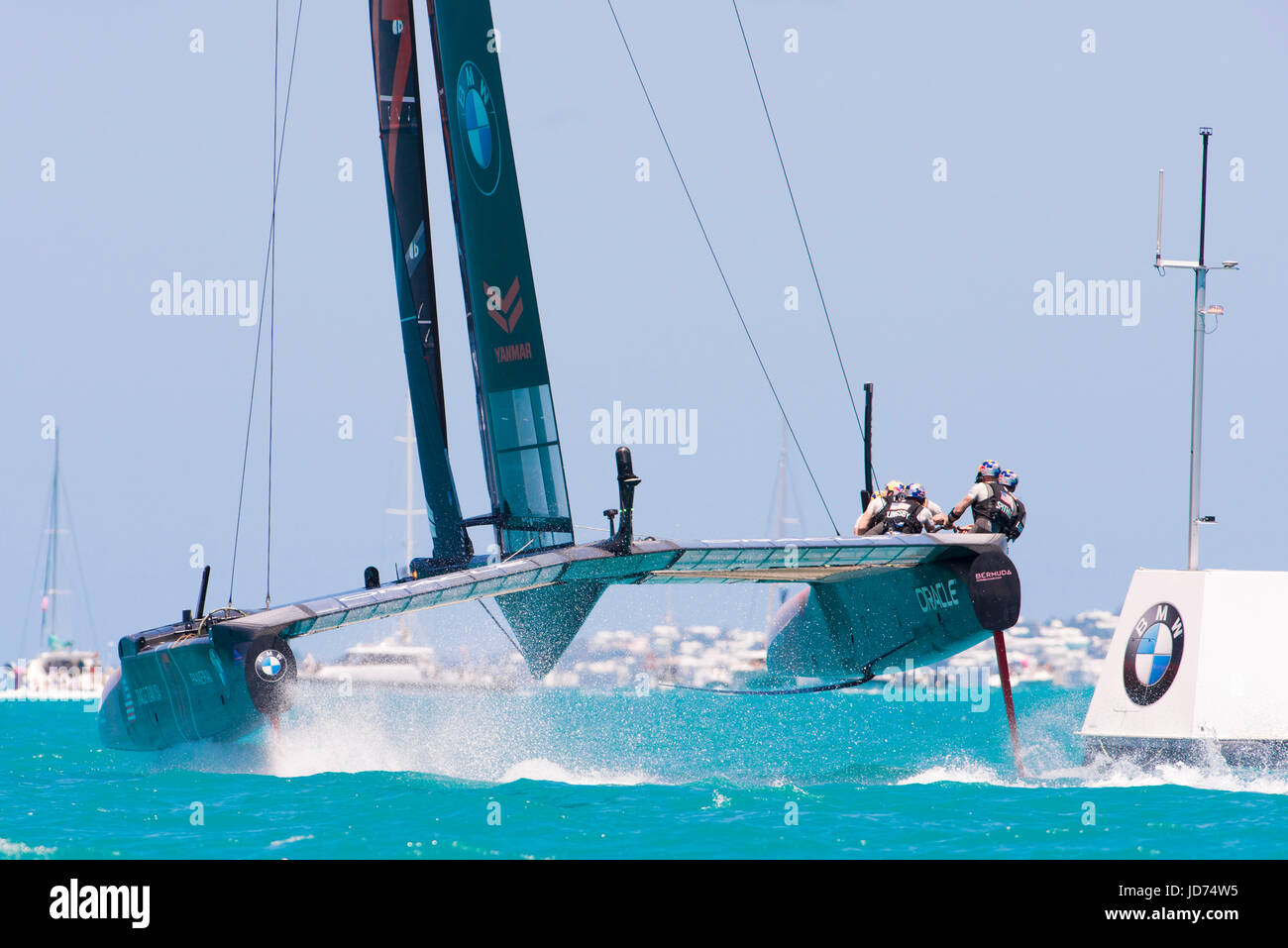 The Great Sound, Bermuda, 18th June. Oracle Team USA round the top mark ...