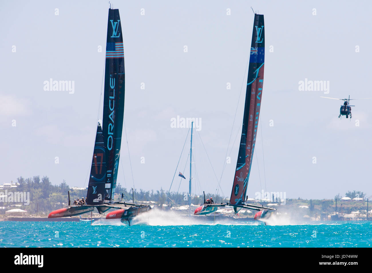 The Great Sound, Bermuda, 18th June. Oracle Team USA and Emirates Team ...