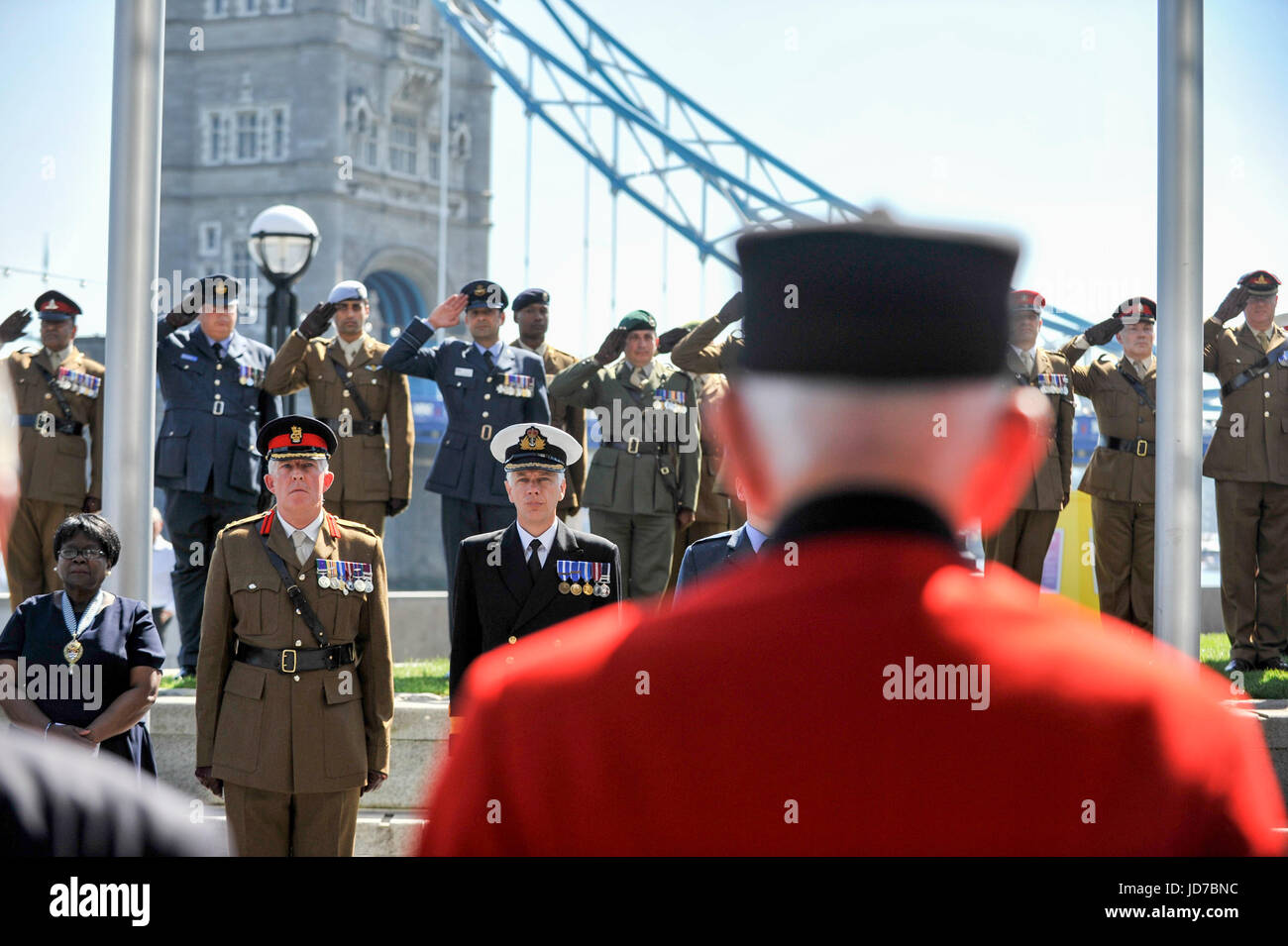 London, UK. 19 June 2017. A Chelsea Pensioner stands opposite Brigadier ...