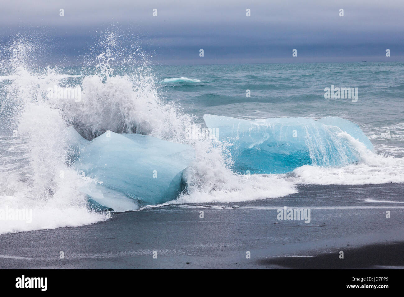 Large chunks of glacial ice being washed up on a beach by the ...